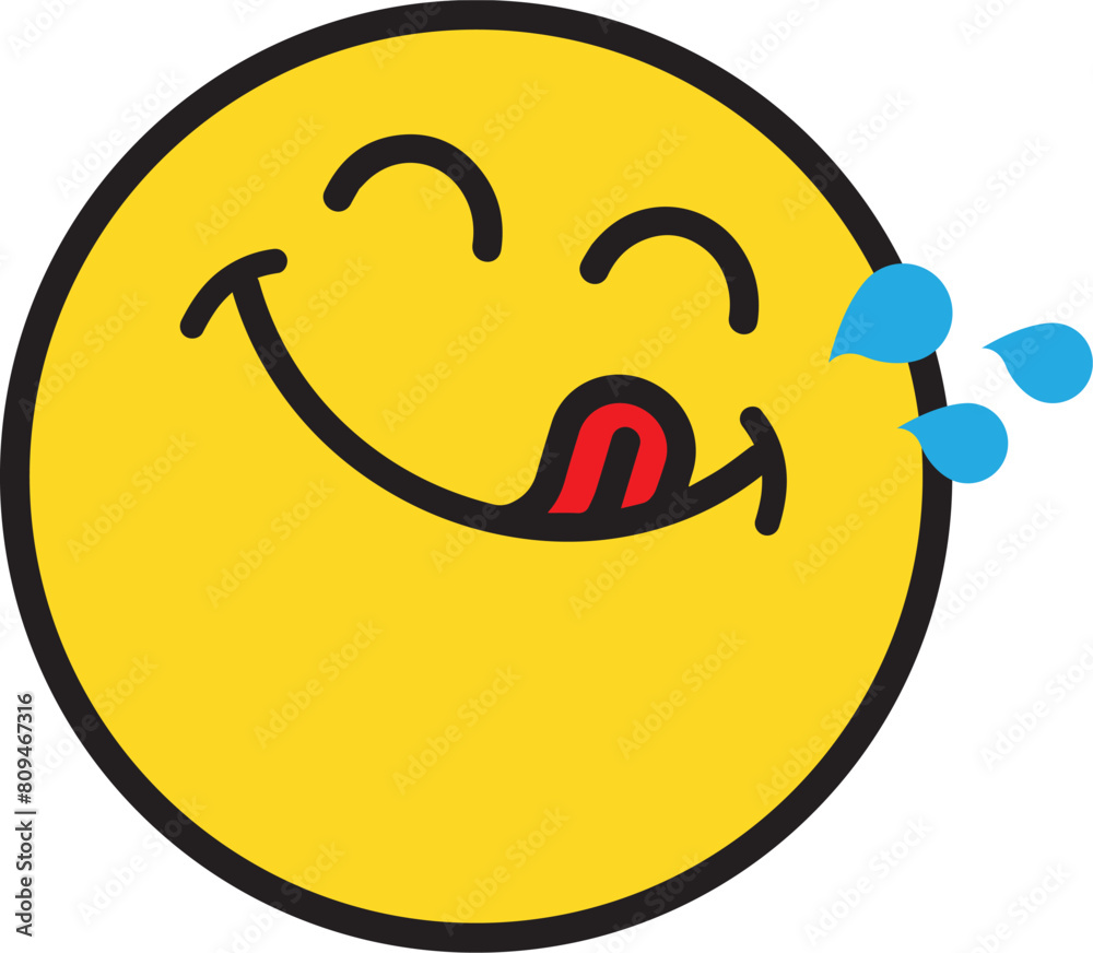 Yummy face happy smile vector cartoon line emoticon with tongue lick mouth. Delicious tasty food ...
