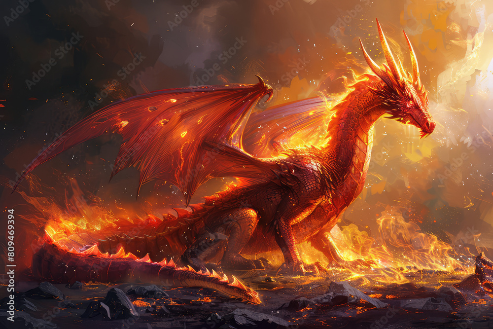 Red dragon, flames surrounding the body of an ancient longtoothed giant ...