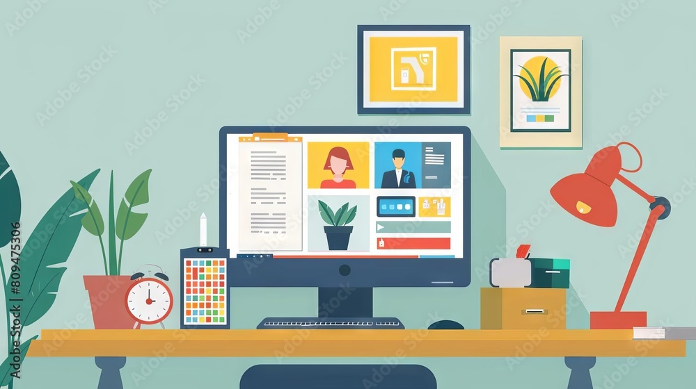 A modern workspace with a desktop screen showing an online education ...