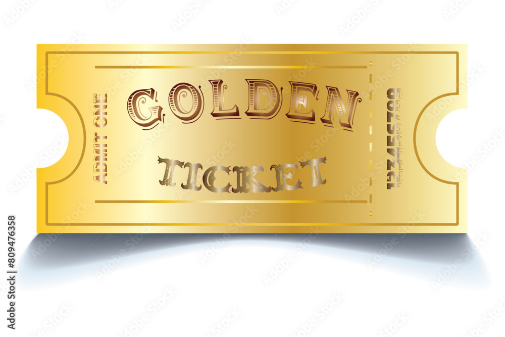 Golden ticket. Realistic golden show ticket. Old premium cinema ...