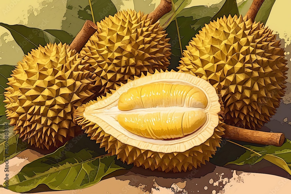 A painting of a durian. The durian is a tropical fruit that is large ...