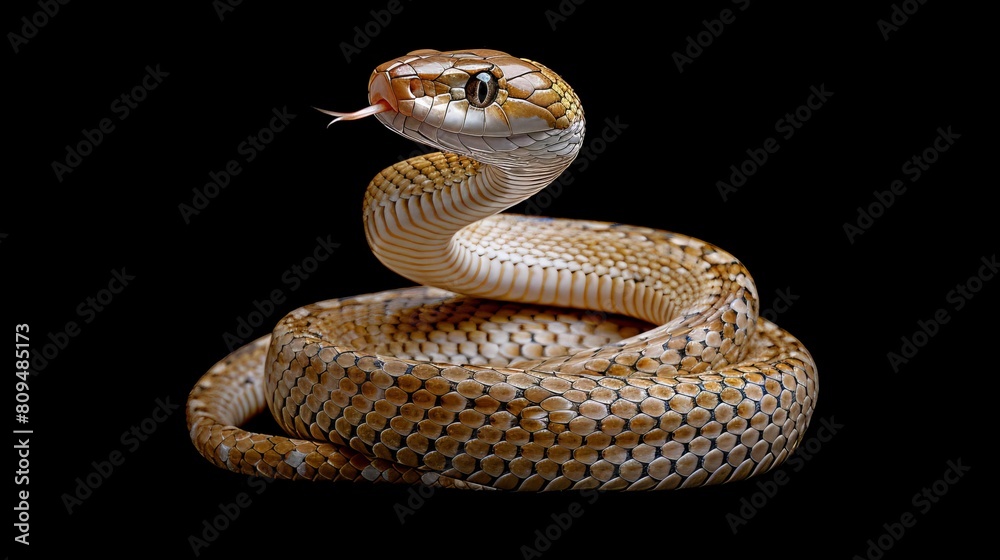 The Javanese cobra snake is depicted isolated on a black background ...