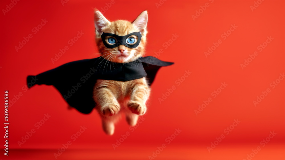 Superhero cat flying on red background. Orange tabby kitten with blue ...