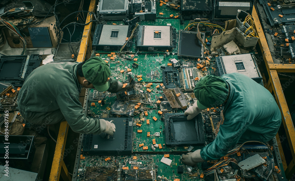 Electronic waste sorting center. Focus on workers disassembling parts of old electronics for ...