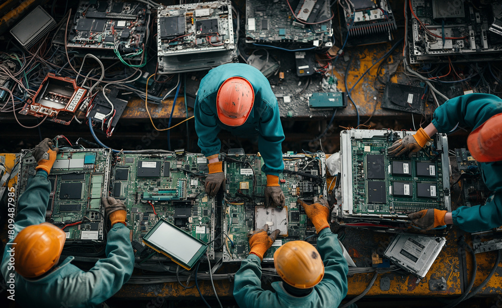 Electronic waste sorting center. Focus on workers disassembling parts ...