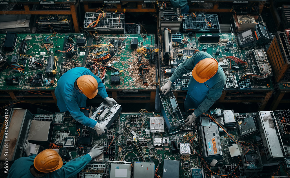 Electronic waste sorting center. Focus on workers disassembling parts ...