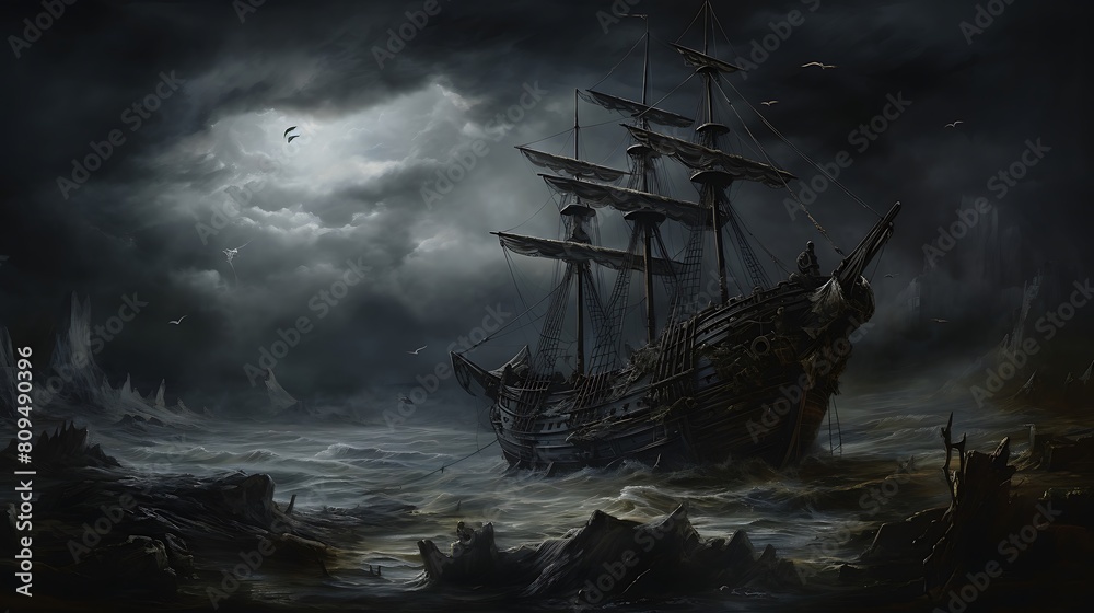 Poster, Foto Image of a spectral shipwreck on a desolate shore, where ...