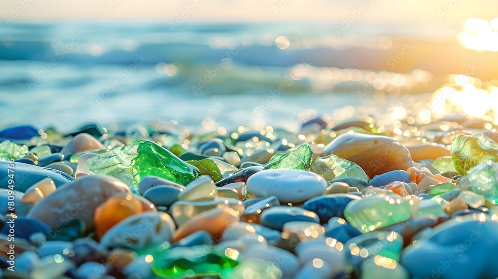 Colorful gemstones on a beach. Polish textured sea glass and stones on ...