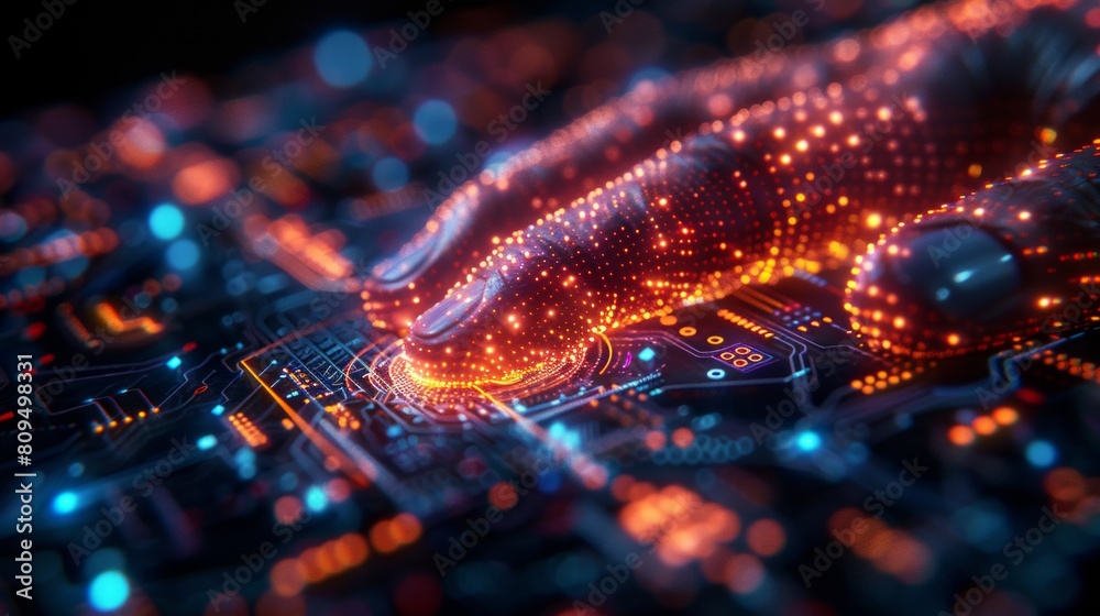 Digital handprint on a futuristic interface with glowing circuit ...