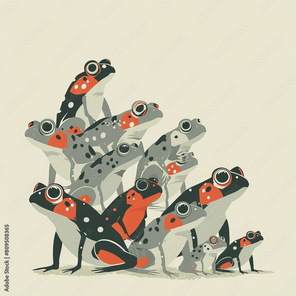 A group of frogs of different sizes and colors are arranged in a ...