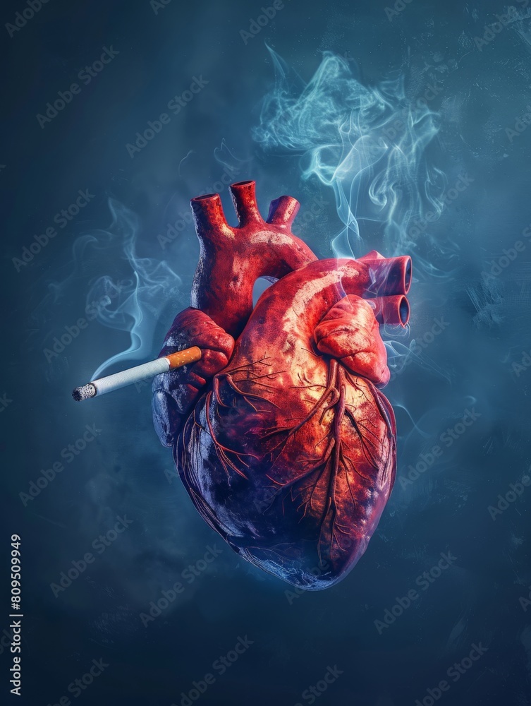 An anatomically correct human heart with a cigarette stuck in one tube ...