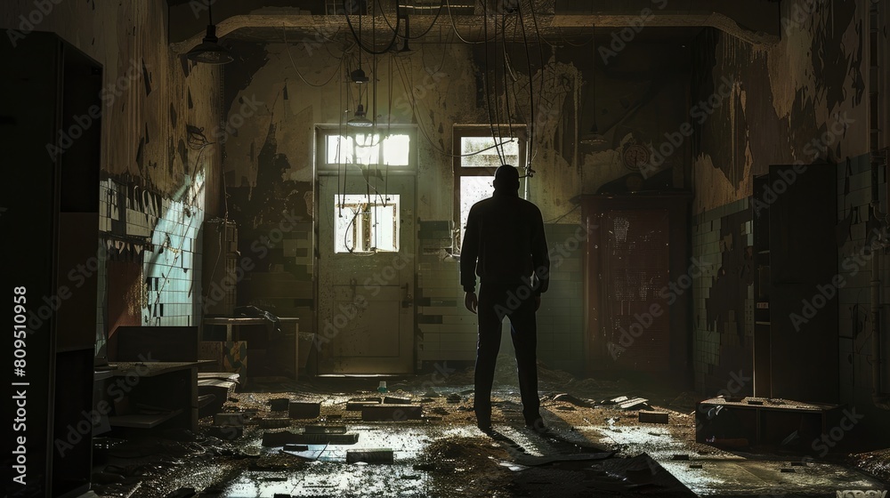 Silhouette of an FBI agent at the crime scene in abandoned warehouse ...