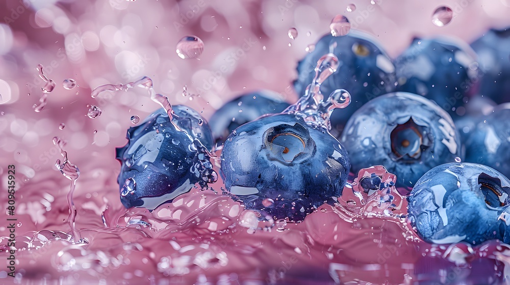 Food shot, super wide angle blueberries waterfall splash, liquid ...