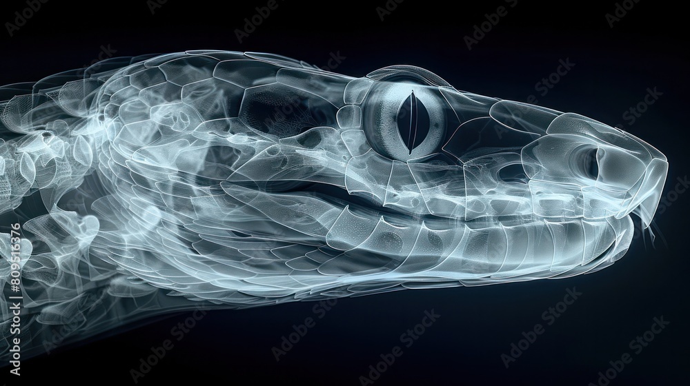 X-ray image of a snake, showing the vertebral column, used in ...