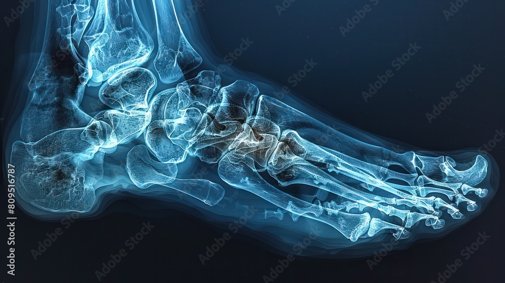 X-ray of feet showing the complex structure of bones and joints, used ...