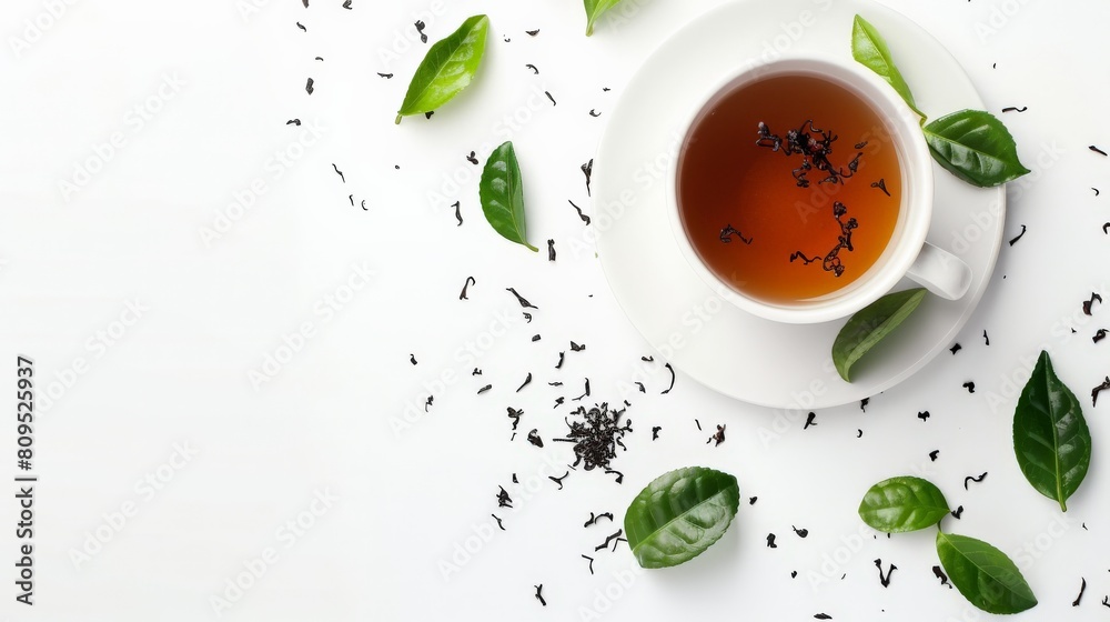 Black tea in a white cup on a white background with scattered tea ...