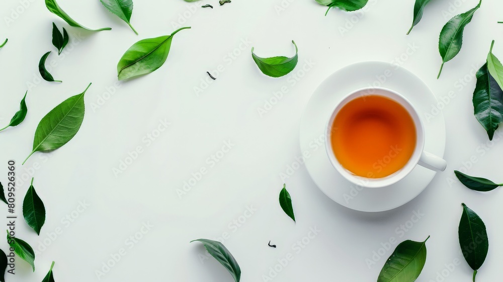 White cup of tea on white background with green tea leaves scattered ...