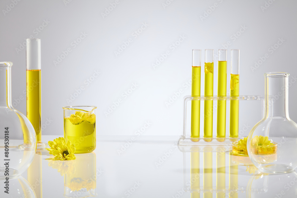 Lab layout on white background, a empty boiling flask and test tubes ...