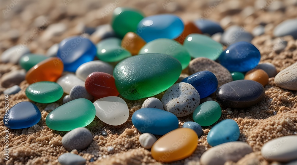 Colorful gemstones on a beach. Polish textured sea glass and stones on ...