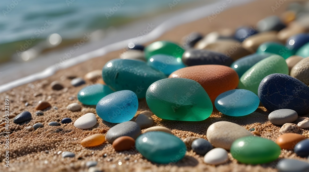 Colorful gemstones on a beach. Polish textured sea glass and stones on ...