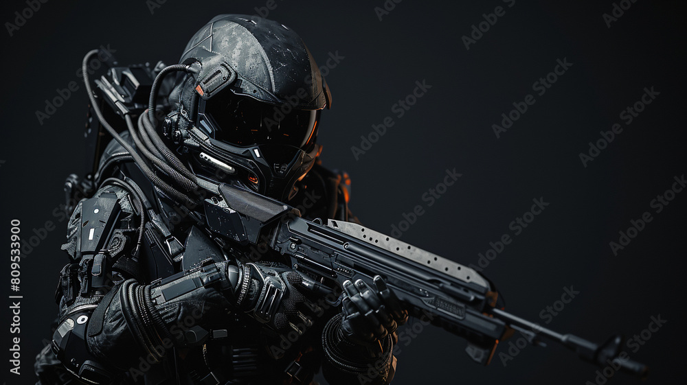.Astronaut in a black space suit holding a rifle Stock Illustration ...