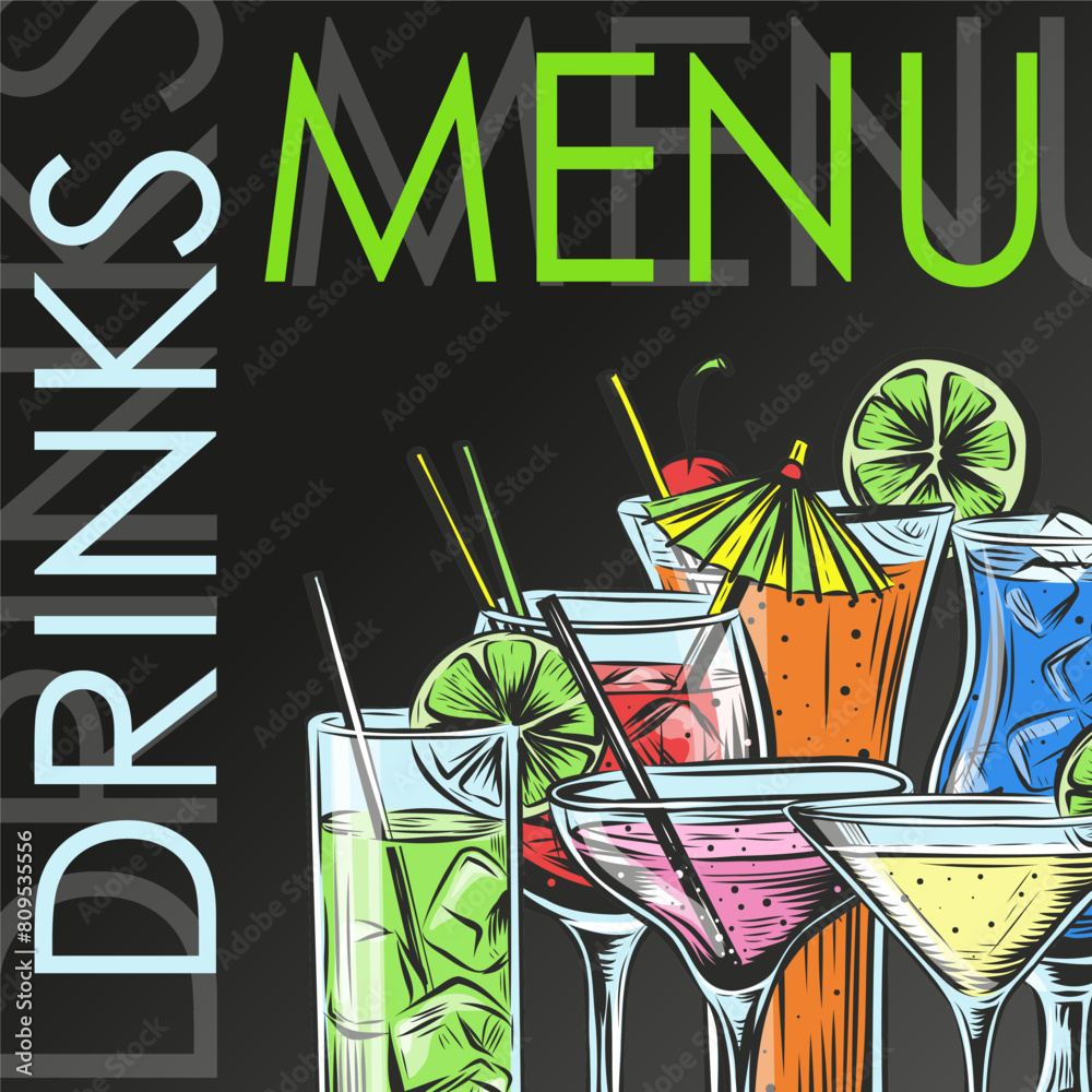 Bar, restaurant menu cover design template with alcoholic drinks ...
