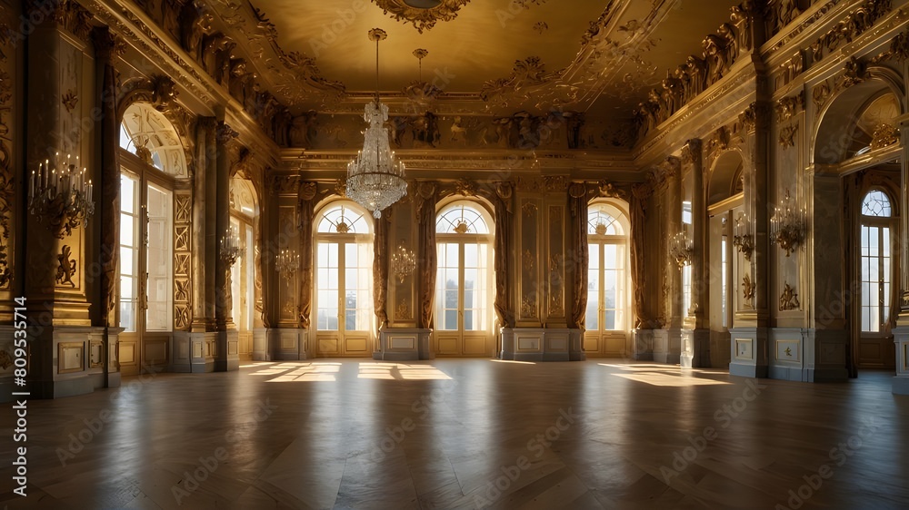 golden ballroom with a large window, large floor in gold palace ...