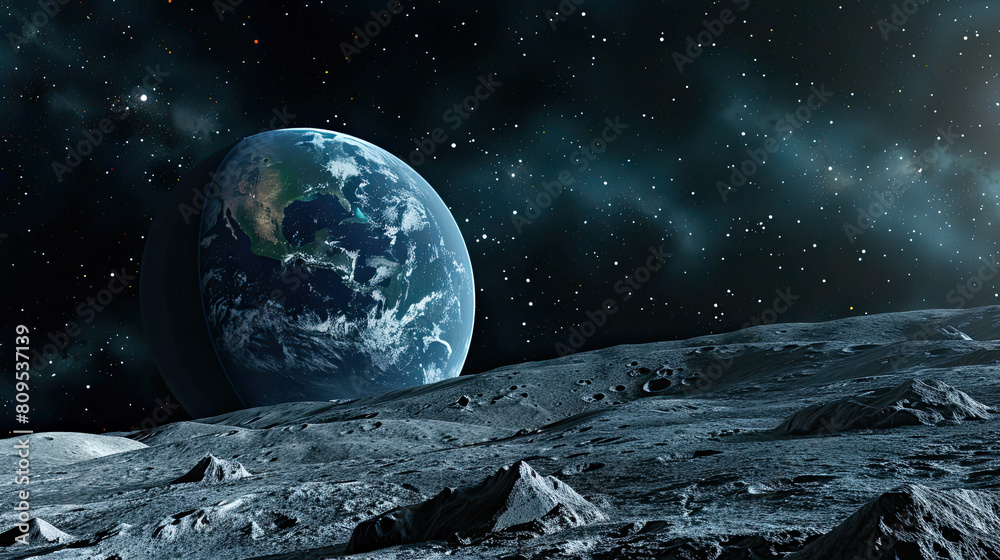 Dramatic view from the moon's surface showing a large, vibrant Earth ...