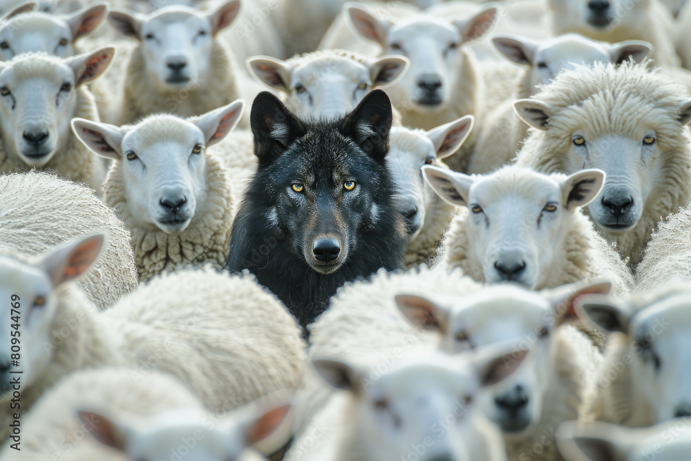 A wolf among a flock of white sheep, raising head as a leader. Being ...