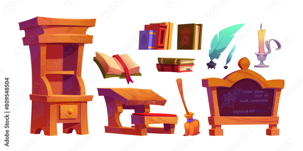 Magic school room interior furniture and studying elements. Cute ...