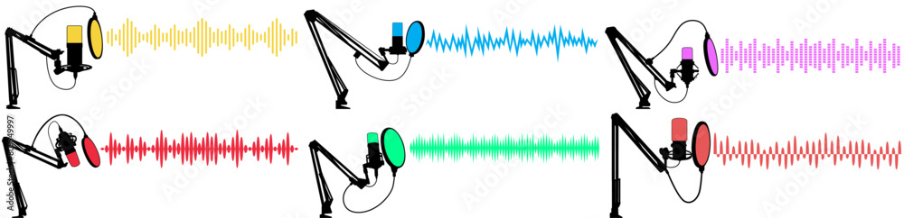 set studio condenser microphone sound waves icon. professional ...