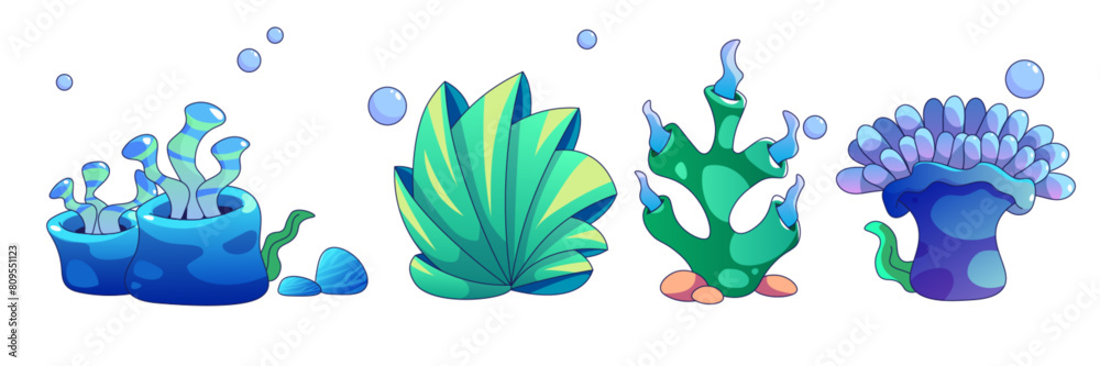 Seaweed and coral with bubbles cute cartoon vector illustration set for ...