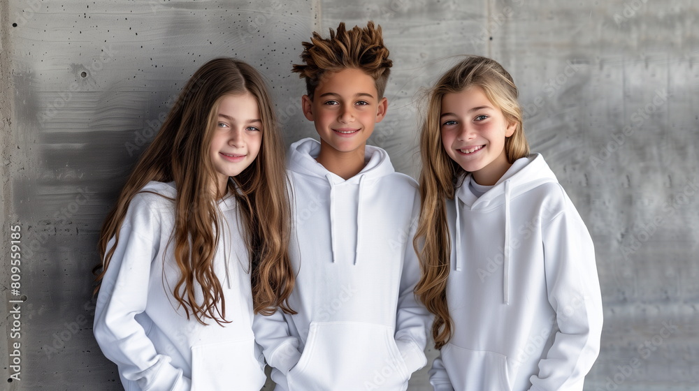 Three happy-looking male and female middle school students wearing the ...