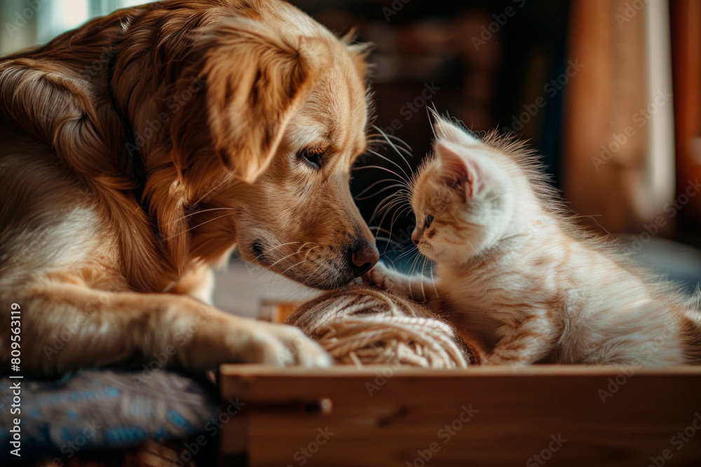 An adult dog and a kitten playing together in a home living room. Stock ...