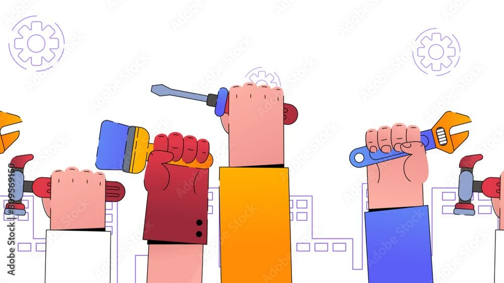 looped labour worker day animation with raised hands holding ...