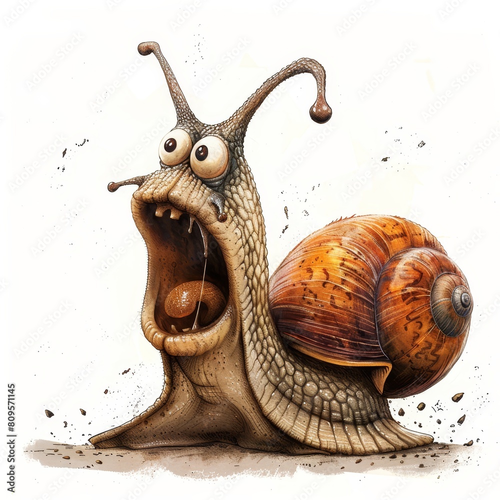 Frightened snail cartoon on white background, wildlife concept for kids ...