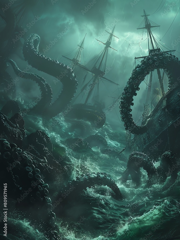 Majestic sea monster emerging from the ocean depths, with tentacles ...