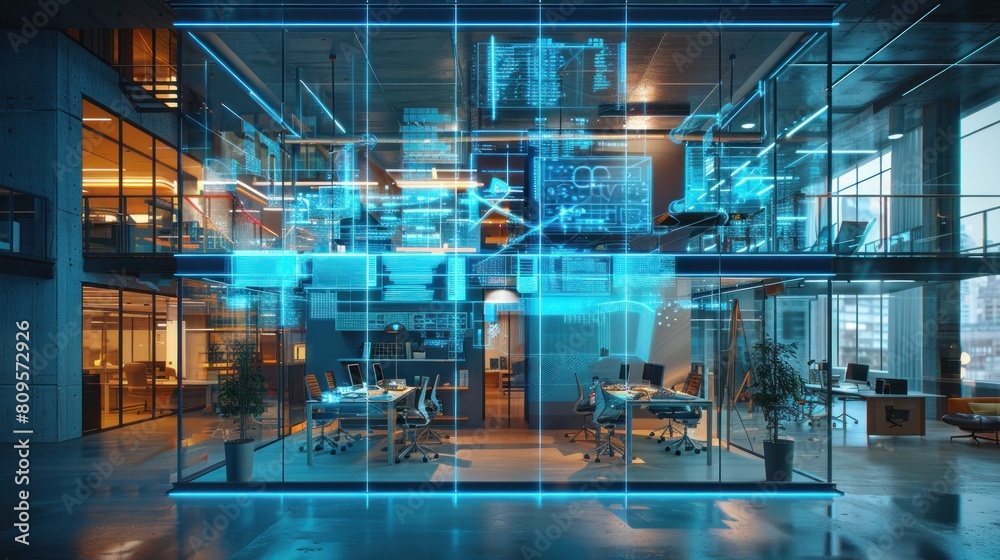 An office environment modern neon cyberpunk open plan corporate office ...