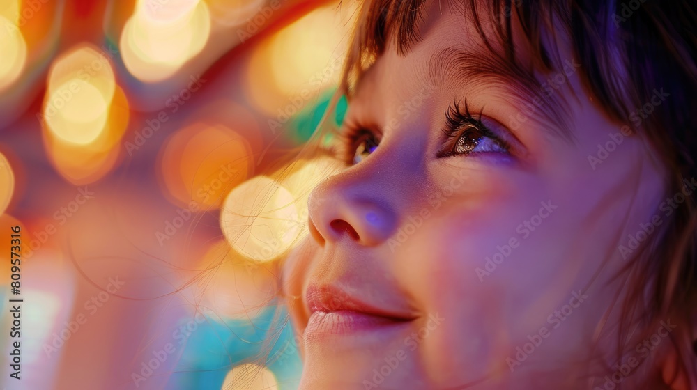 A smiling little girl gazes up at the ferris wheel with wonder, her ...