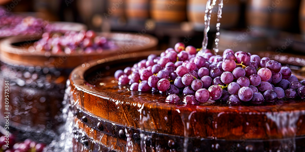 Washing Fresh Grapes in Wooden Barrels at Winery. Stock Photo | Adobe Stock