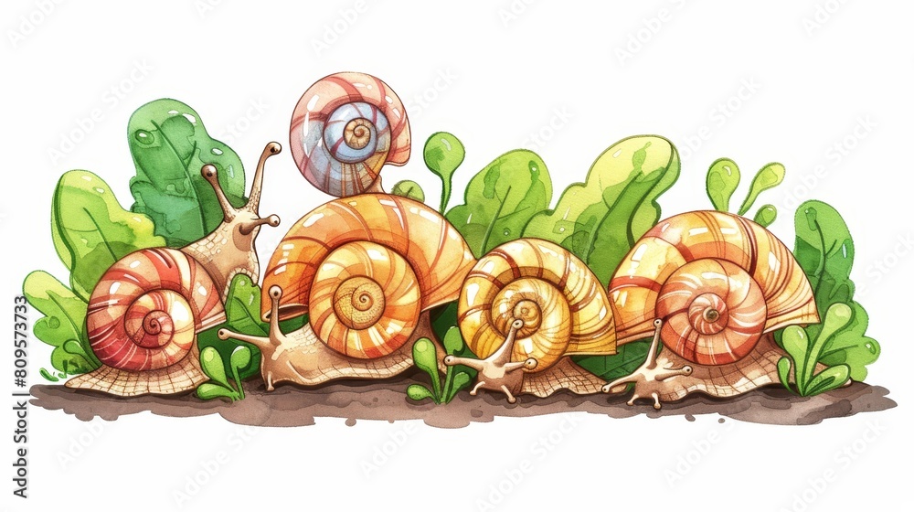 Cartoon drawing of snails enjoying a garden feast on juicy green shoots ...