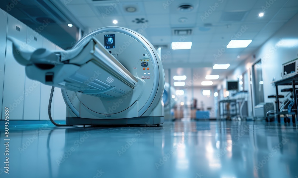 The modern medical setting features a state-of-the-art MRI scanner in a ...