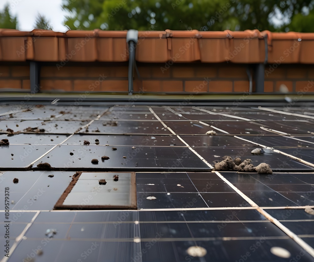 Solar panels on the roof of a house covered with pigeon droppings and ...