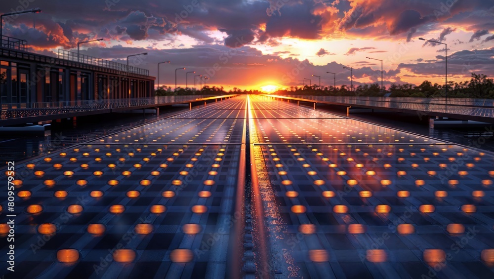 Stunning sunset over a modern bridge with illuminated solar road studs ...