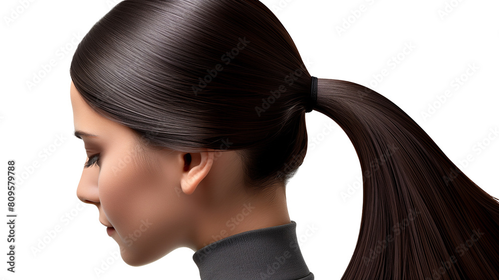 The image shows a young woman with long brown hair pulled back in a ...