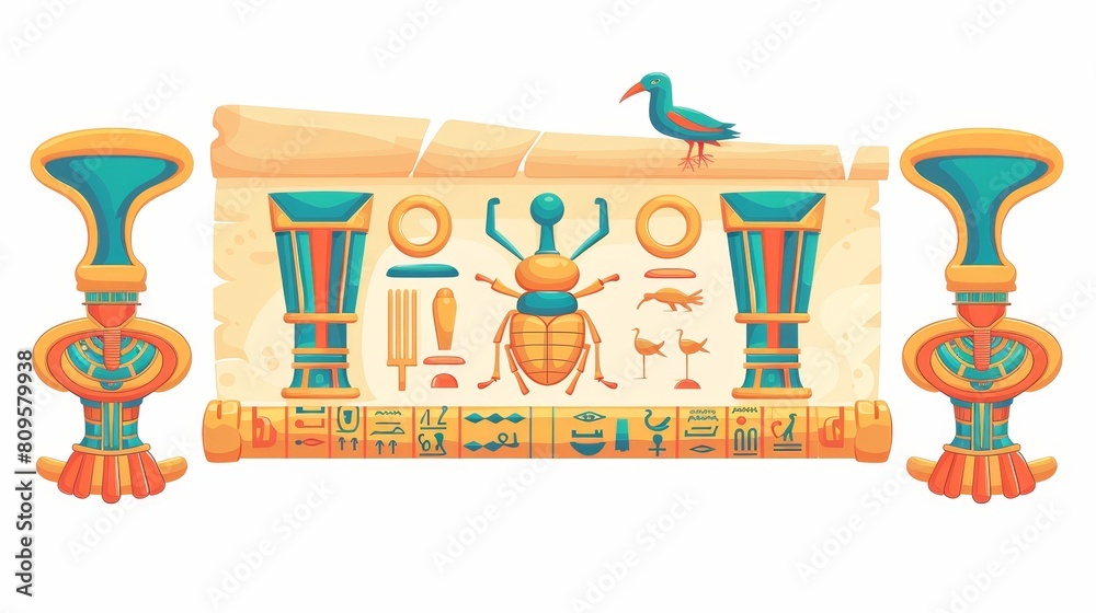 Ancient Egypt papyrus part or stone column with sacred scarab beetle ...