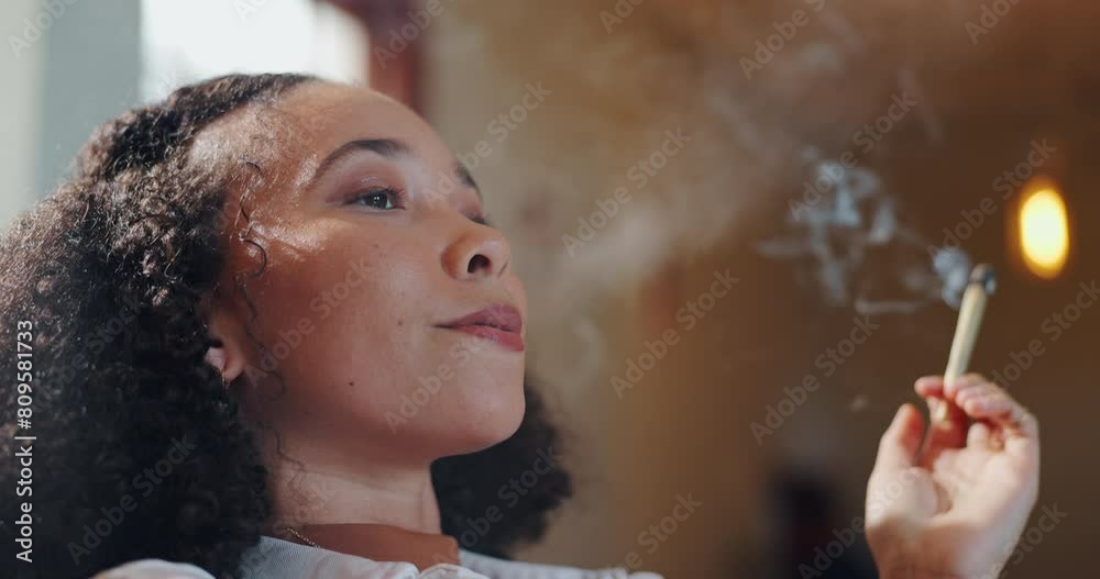 Woman, relax and smoking weed in home with cannabis, joint or cigarette ...