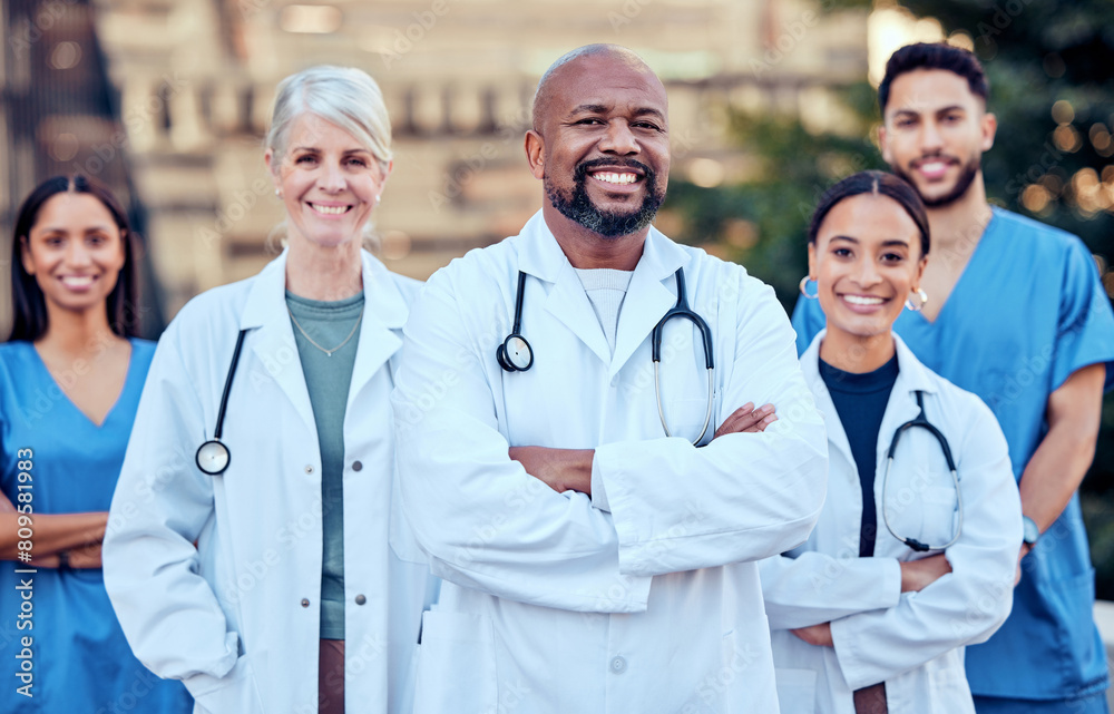 Team, doctors and outdoor portrait of collaboration, diversity and ...