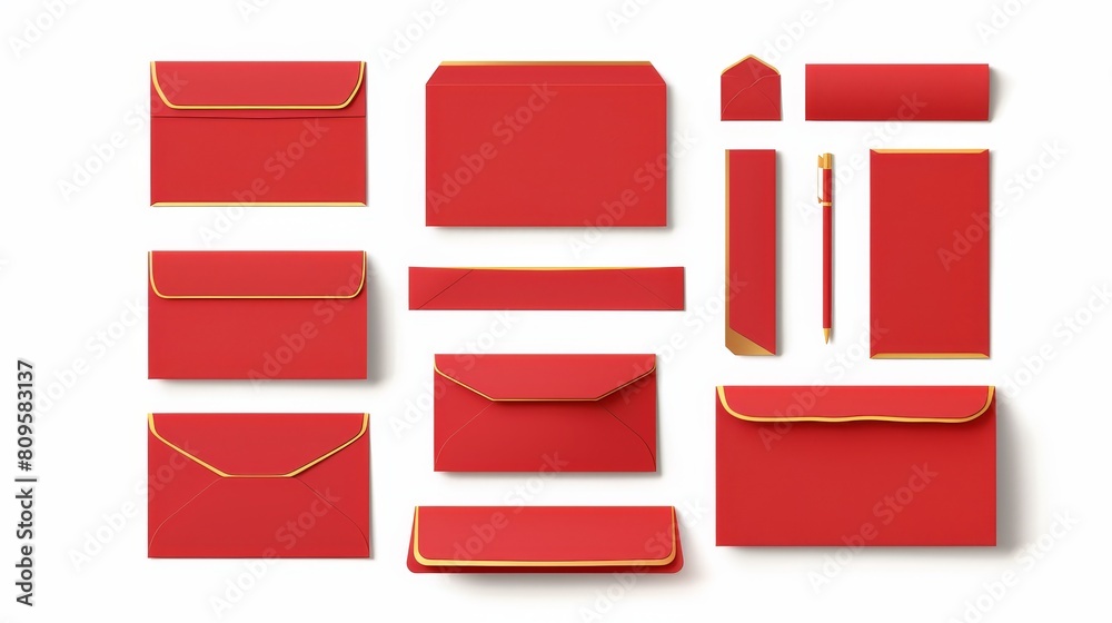 Mockup set of red envelopes with closed and open paper covers, vertical ...
