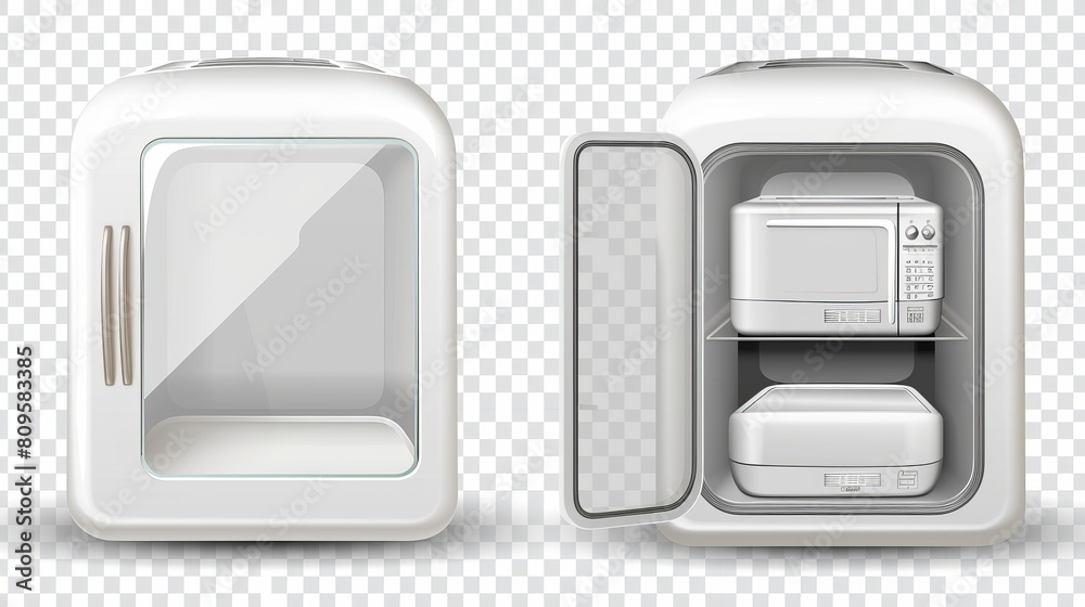 Refrigerator with open and closed doors. Modern mockup of an empty mini ...